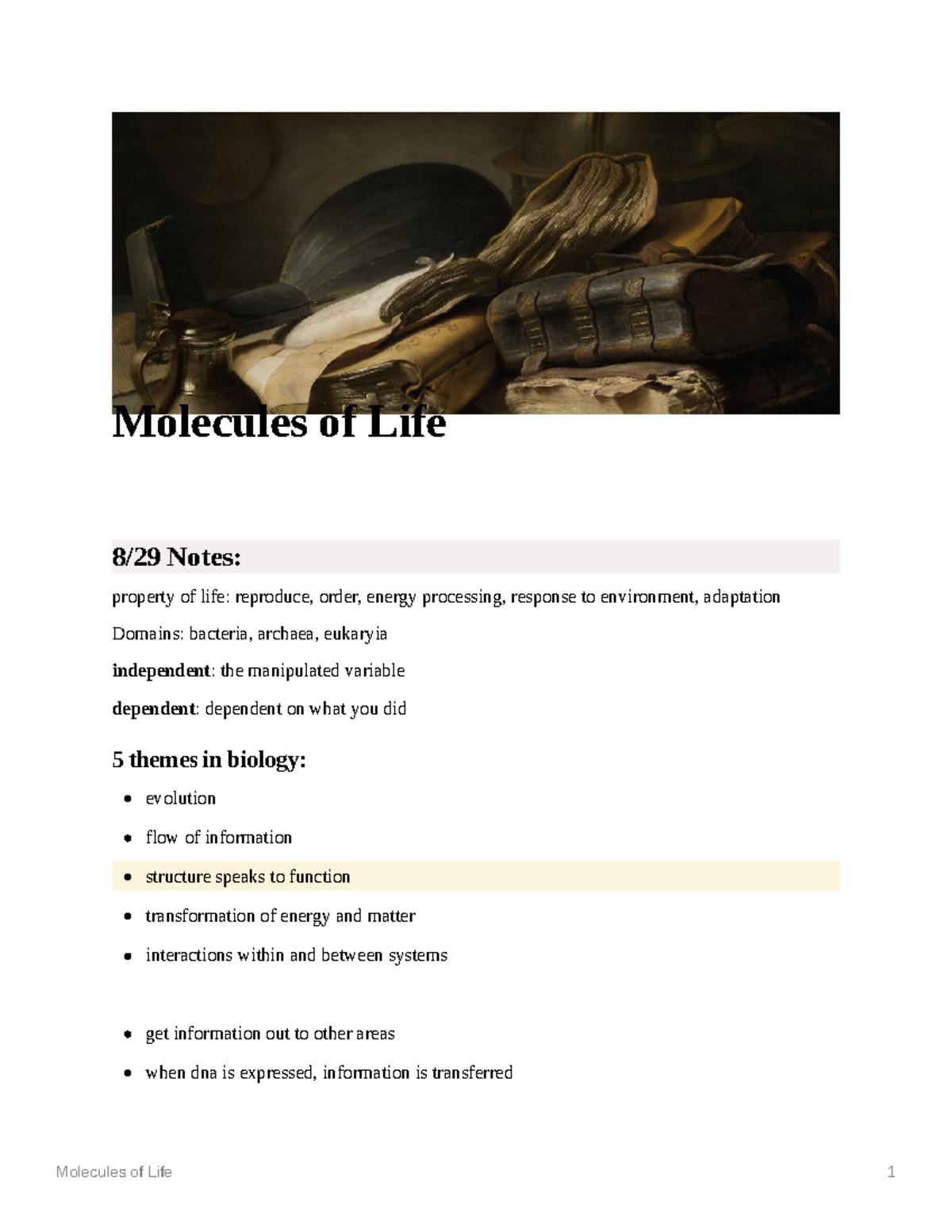 Molecules of Life - Molecules of Life 8/29 Notes: property of life ...