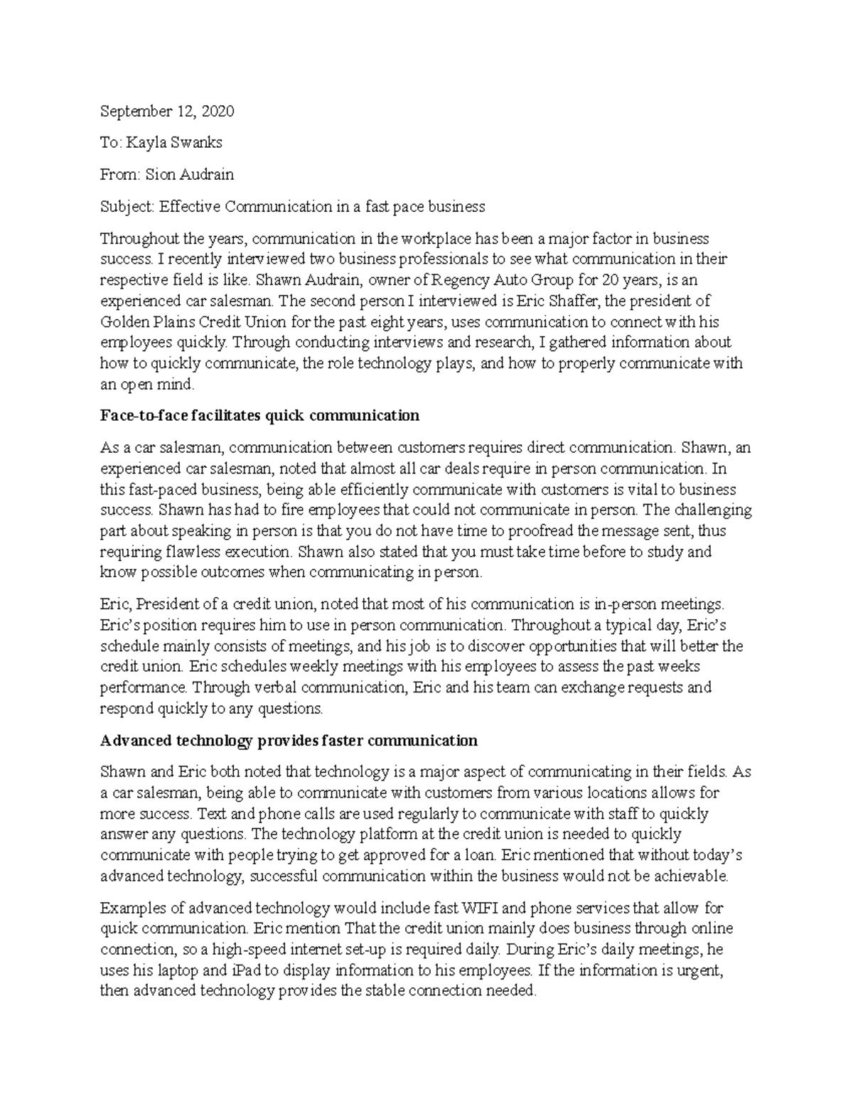 Bus 305 memo -Grade A+ - September 12, 2020 To: Kayla Swanks From: Sion ...