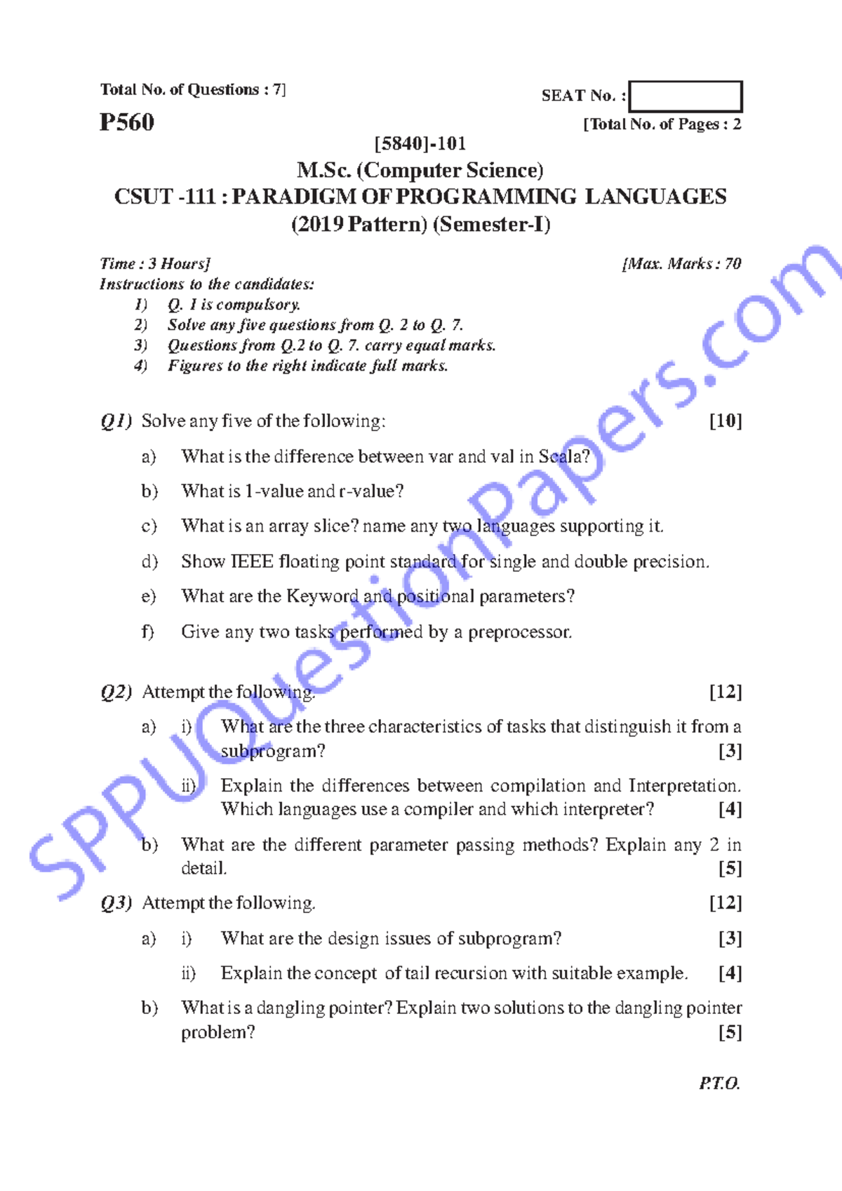 Postgraduate Pg Msc Cs Semester 1 2022 April Paradigm Of Programming Languages 2019 Pattern 