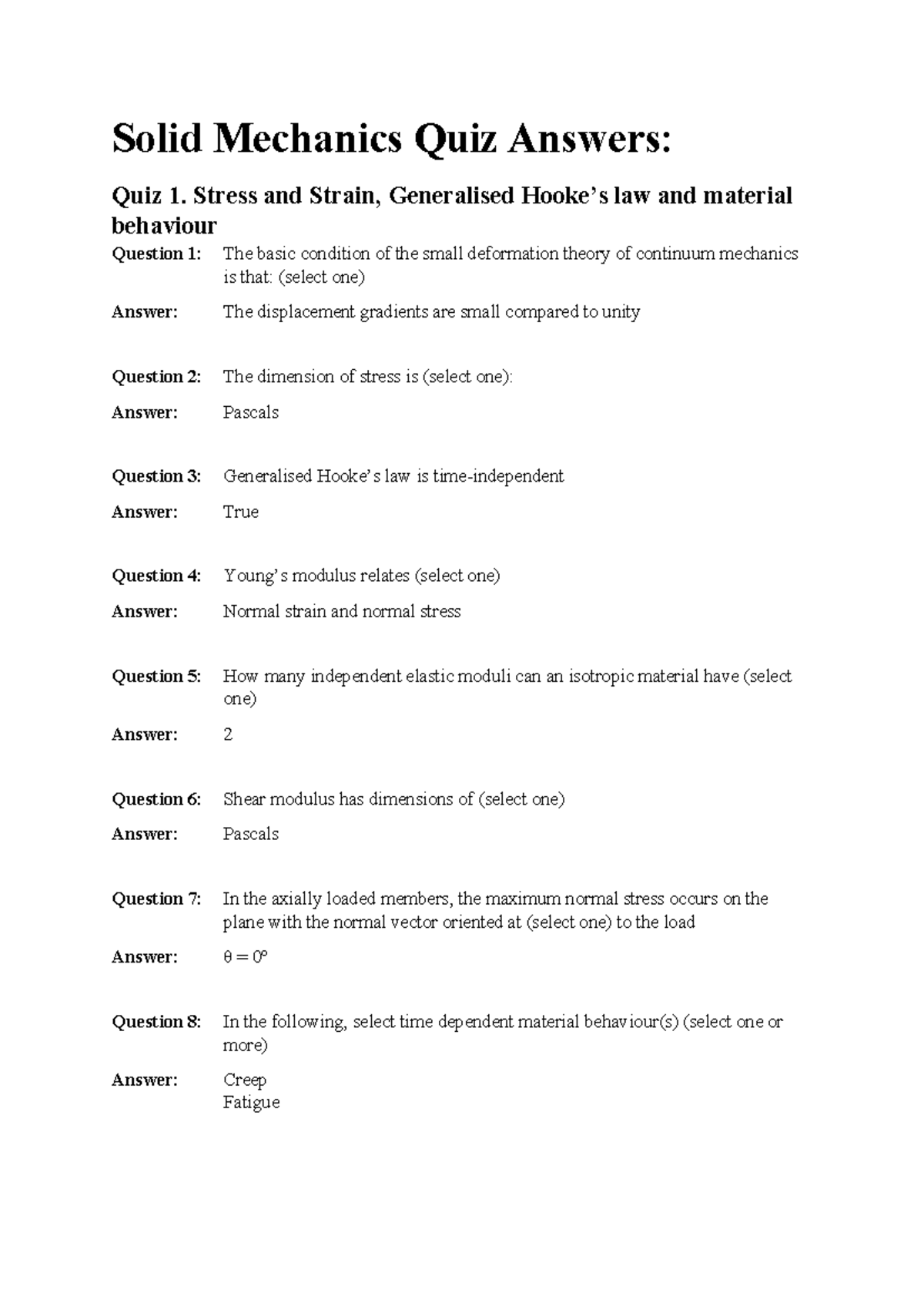 Quiz answers 2 - Solid Mechanics Quiz Answers: Quiz 1. Stress and ...