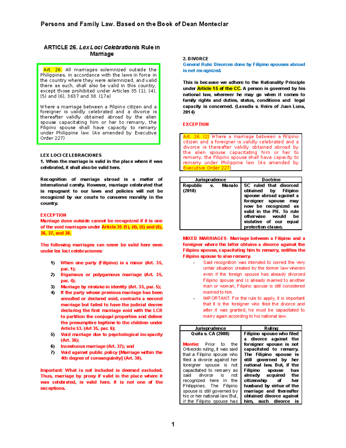 FCP - Notes - ARTICLE 26. Lex Loci Celebrationis Rule in Marriage Art ...