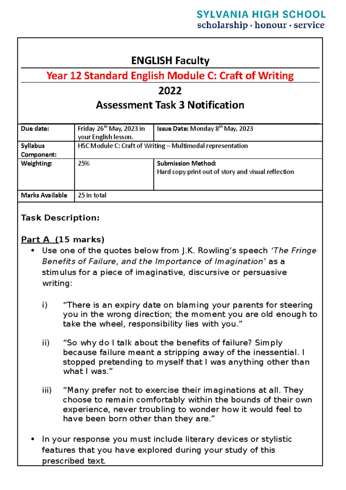 COW Task 3 2023 - ff i like it - ENGLISH Faculty Year 12 Standard ...