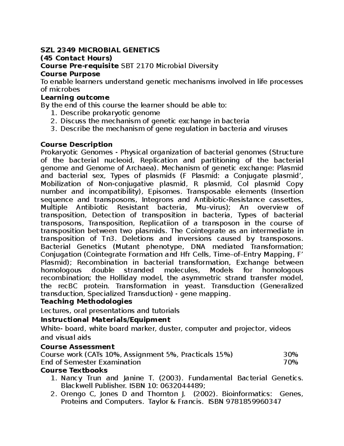 SZL 2349 Microbial Genetics notes for genomic and applied biology - SZL ...