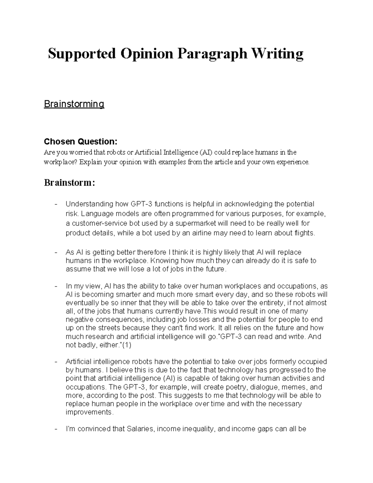 Supported Opinion Paragraph Writing - All Brainstorming - Supported ...