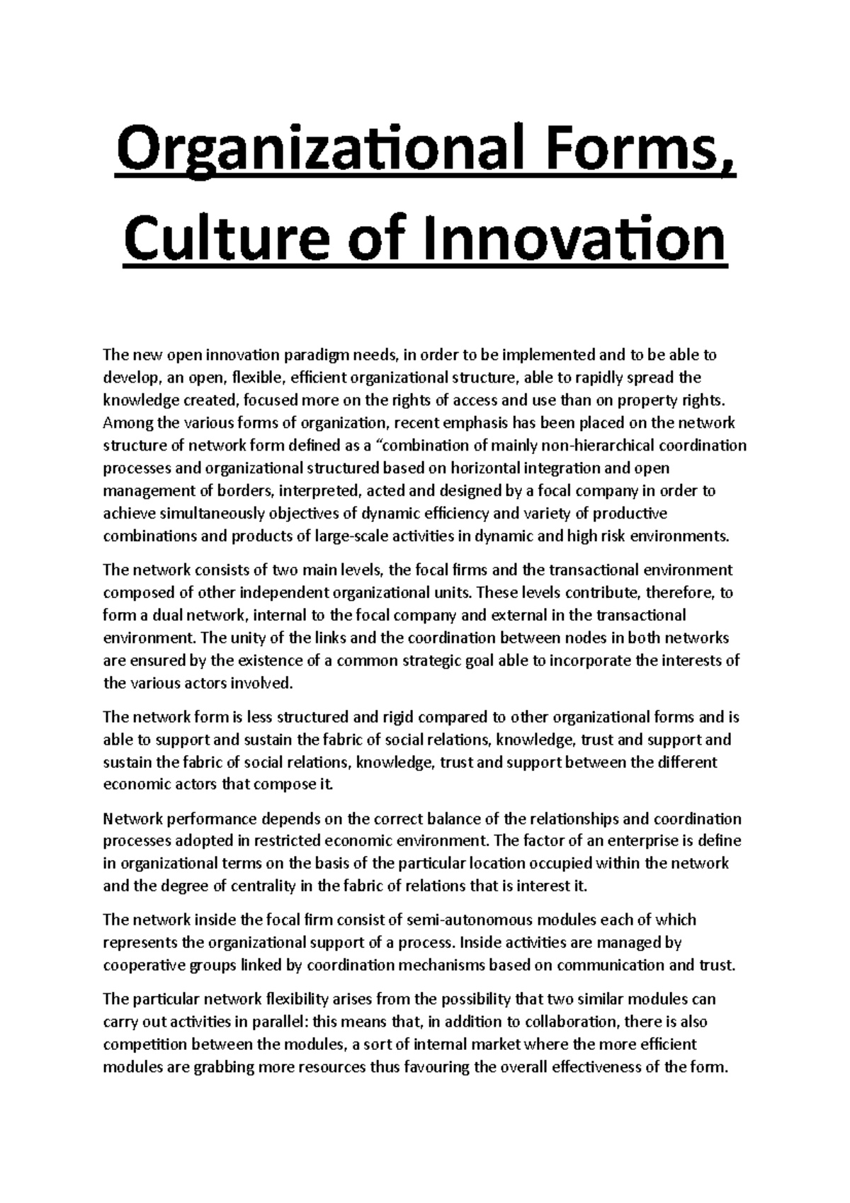 Organizational Forms and Culture of Innovation, the Network Form ...