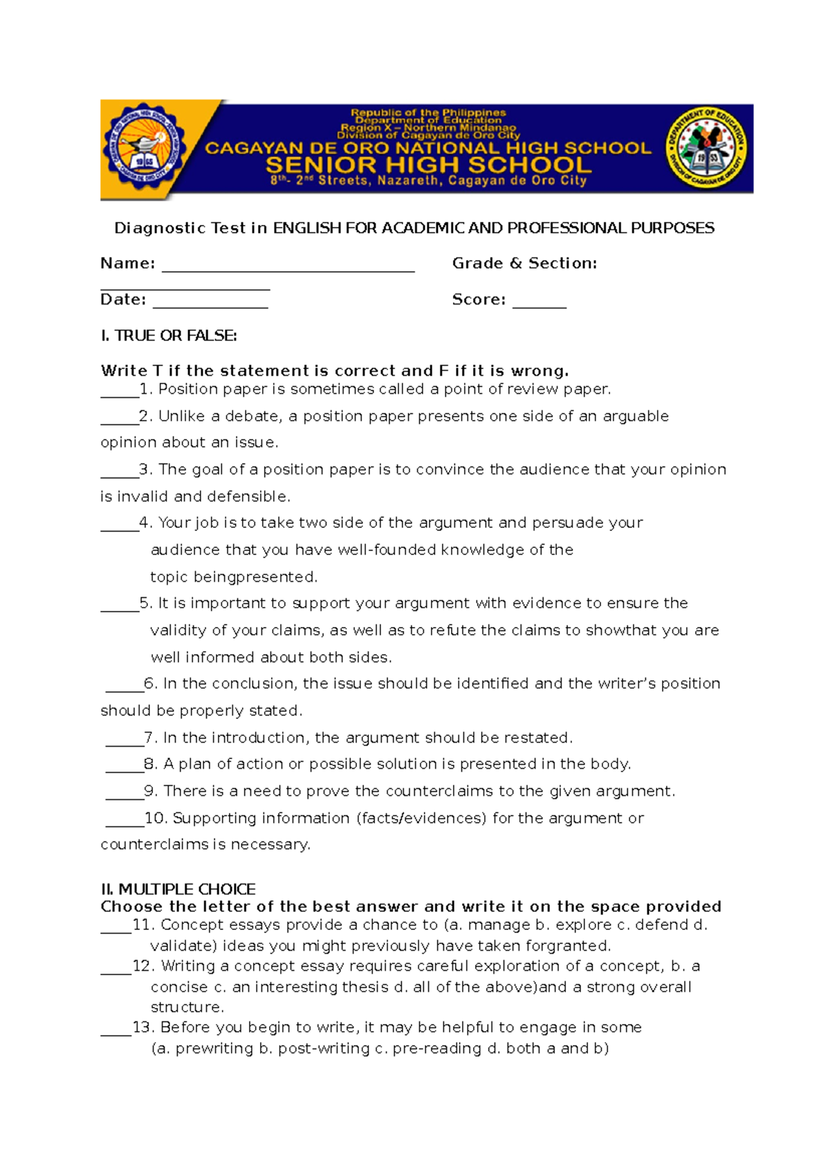 Diagnostic Test In English FOR Academic AND Professional Purposes diagnostic-test-in-english-for-academic-and-professional-purposes