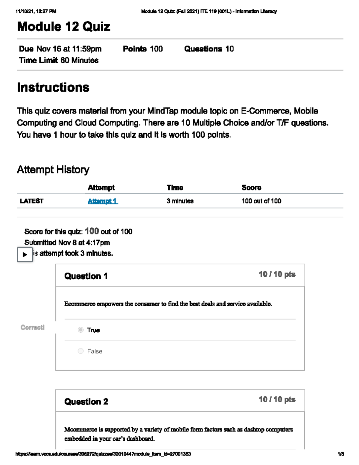 Module 12 Quiz (Fall 2021) ITE 119 (001L) - Information Literacy - ITE ...