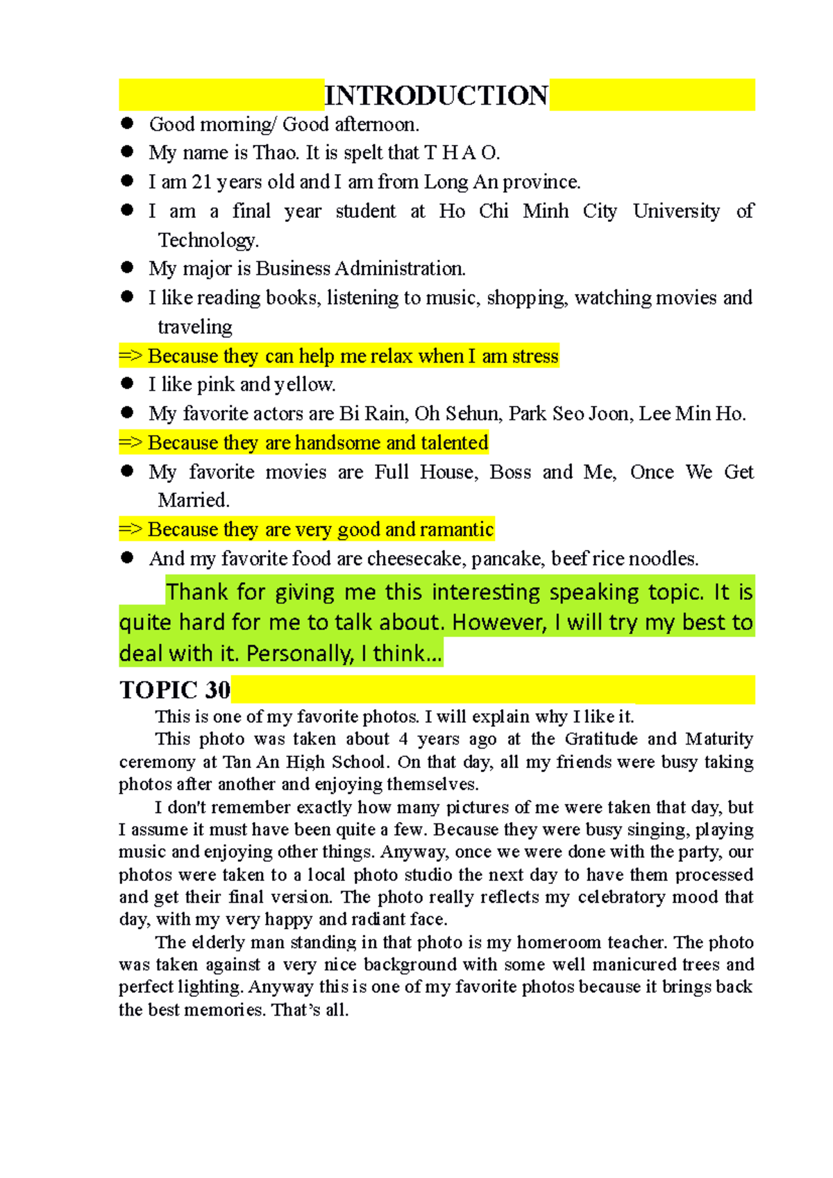 Speaking B1 - topic - INTRODUCTION Good morning/ Good afternoon. My ...