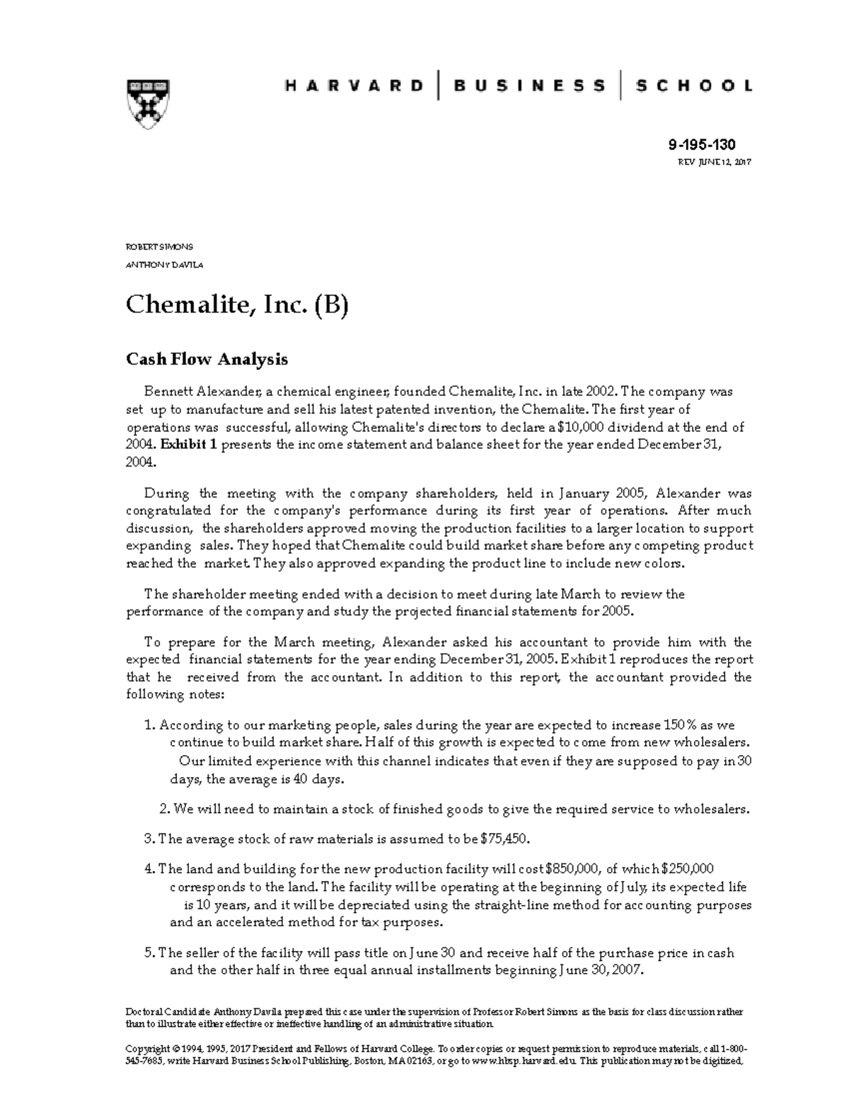 Chemalite - Cash flow practice material - 9-195- REV: JUNE 12, 2017 ...