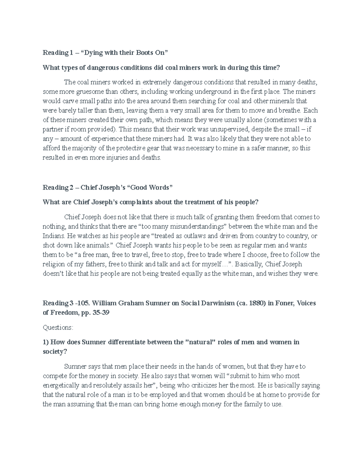 Week 2 reading questions - history - Reading 1 – “Dying with their Boots On” What types of ...