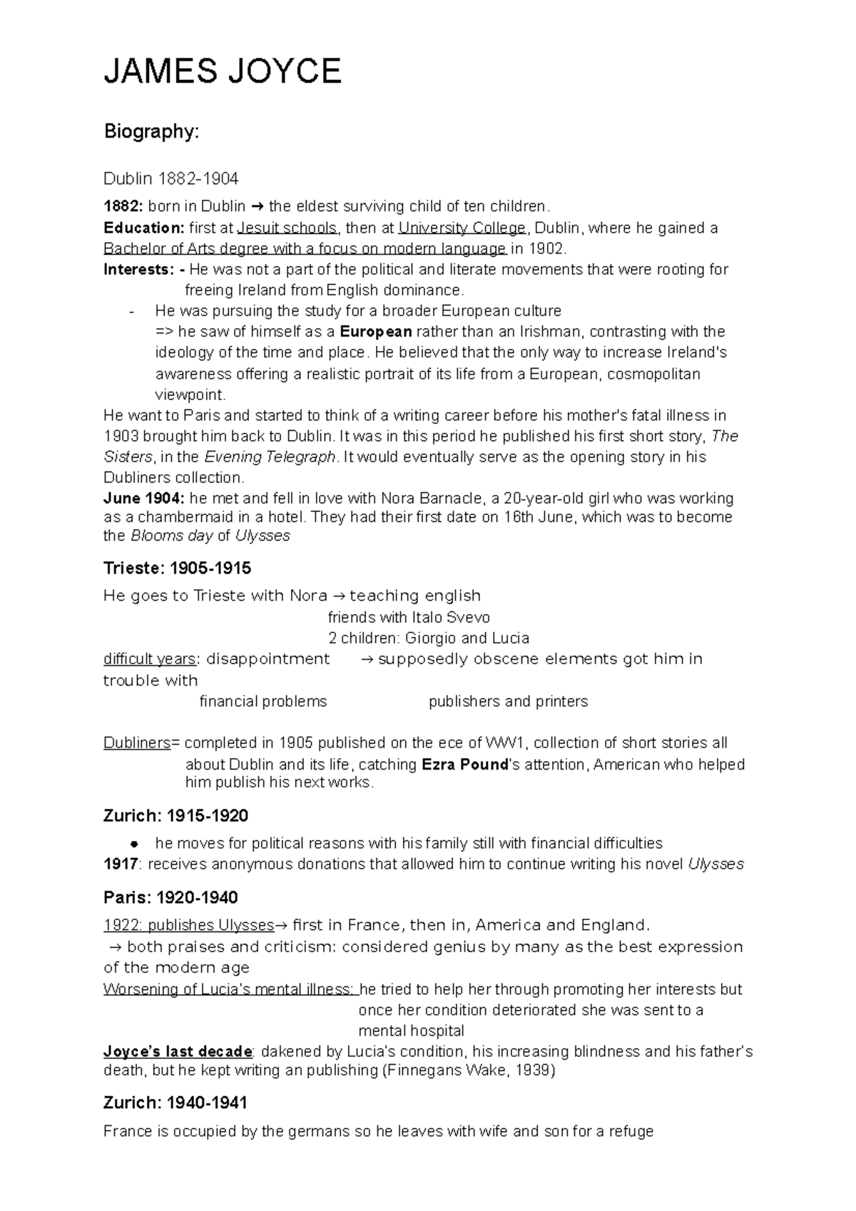 James Joyce - JAMES JOYCE Biography: Dublin 1882- 1882: born in Dublin ...