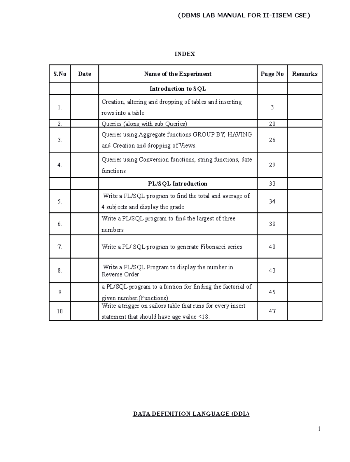 Dbms Recordii Ii Sem Cse Index S Date Name Of The Experiment Page No Remarks Introduction To 