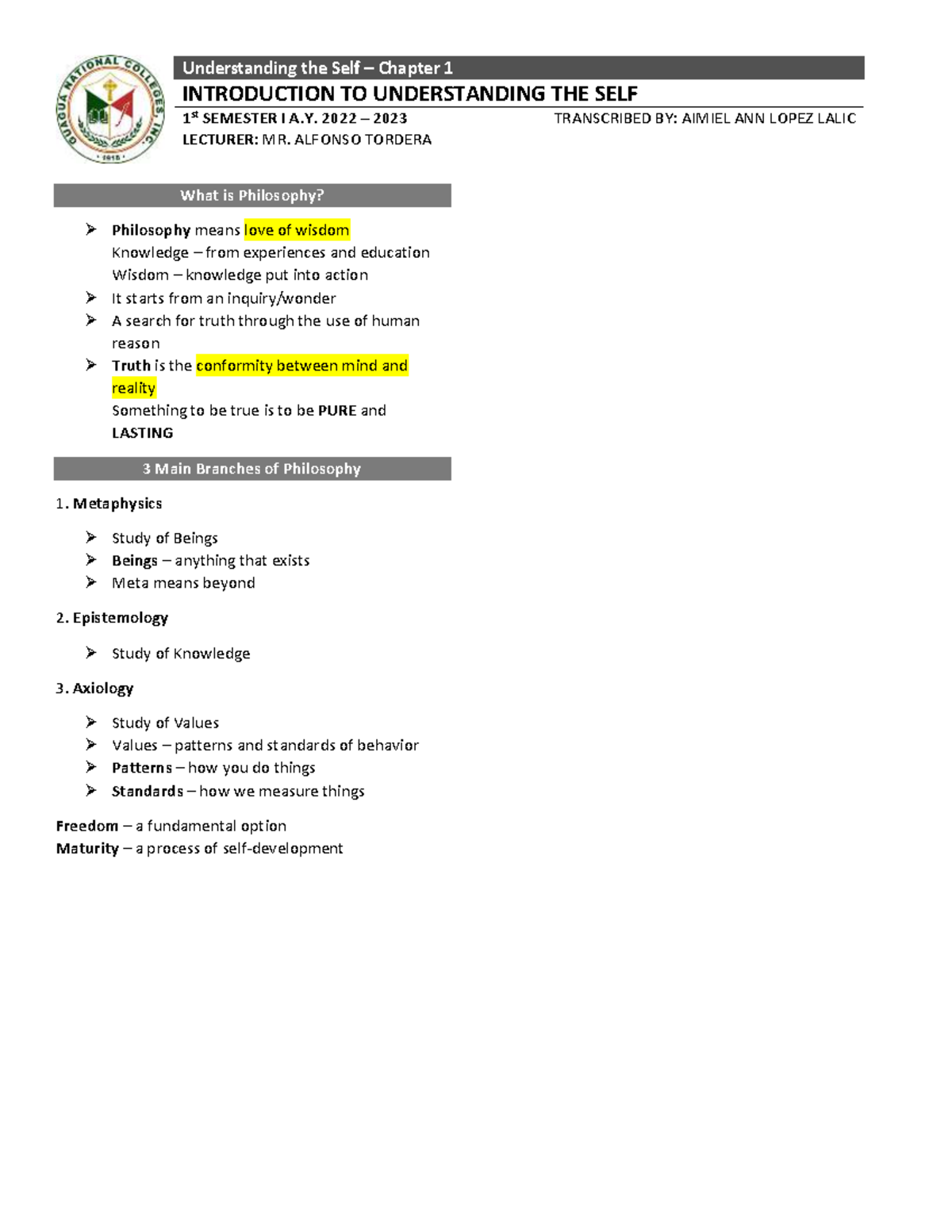 USelf Transes - INTRODUCTION TO UNDERSTANDING THE SELF 1 st SEMESTER I ...