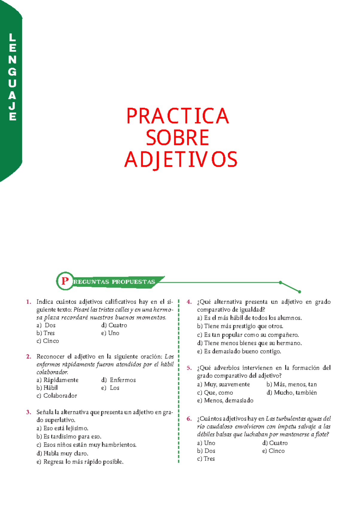 Practica Adjetivos - L E N G U A J E R P reguntas propuestas Reconocer ...