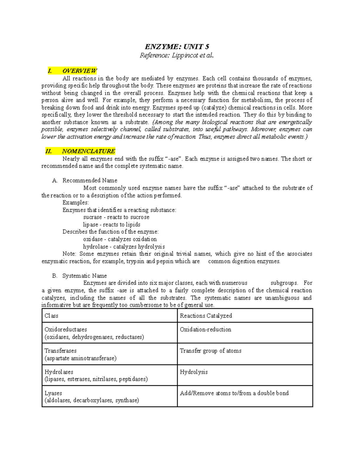 Enzymes - ezvsbv - ENZYME: UNIT 5 Reference: Lippincot et al. I ...