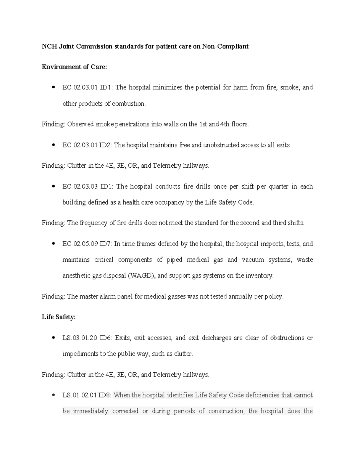 KCM1 TASK 4 - pass - NCH Joint Commission standards for patient care on ...
