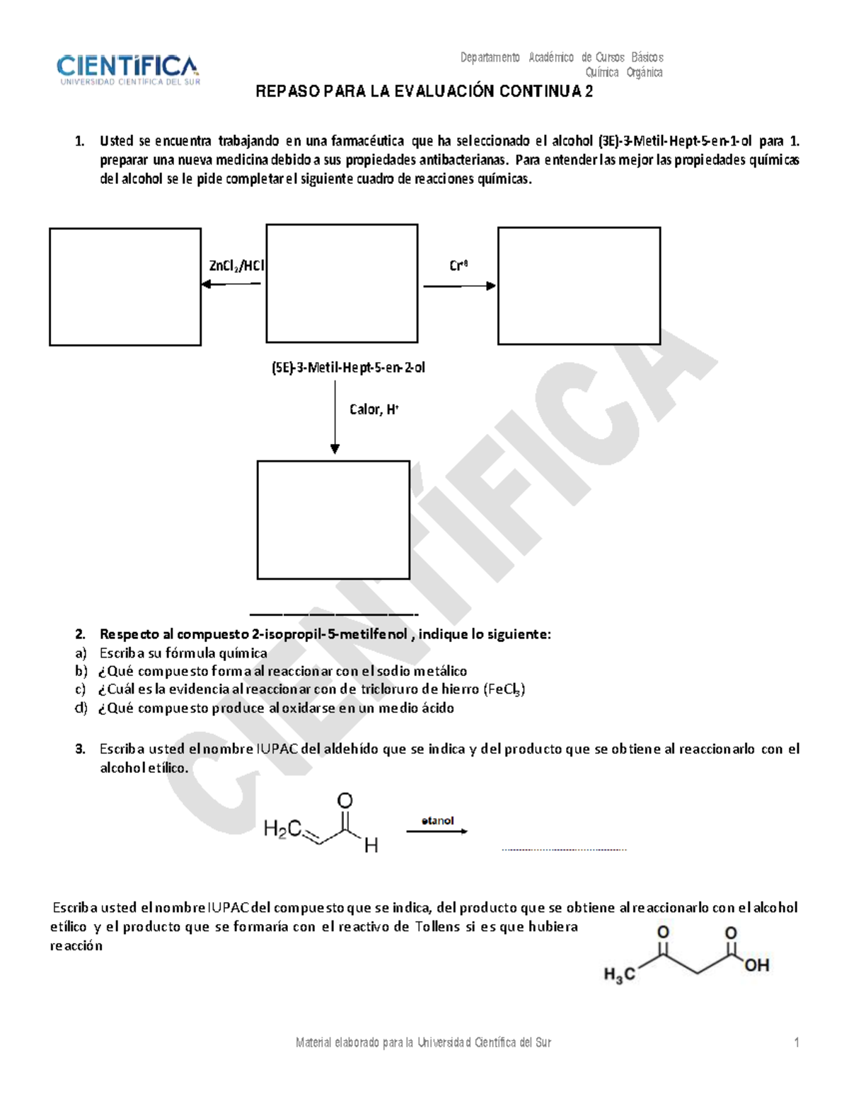 QU ORG - Repaso EC2 - 2024-I - Departamen to Académico de Cursos Básicos Química Orgánica Materi ...