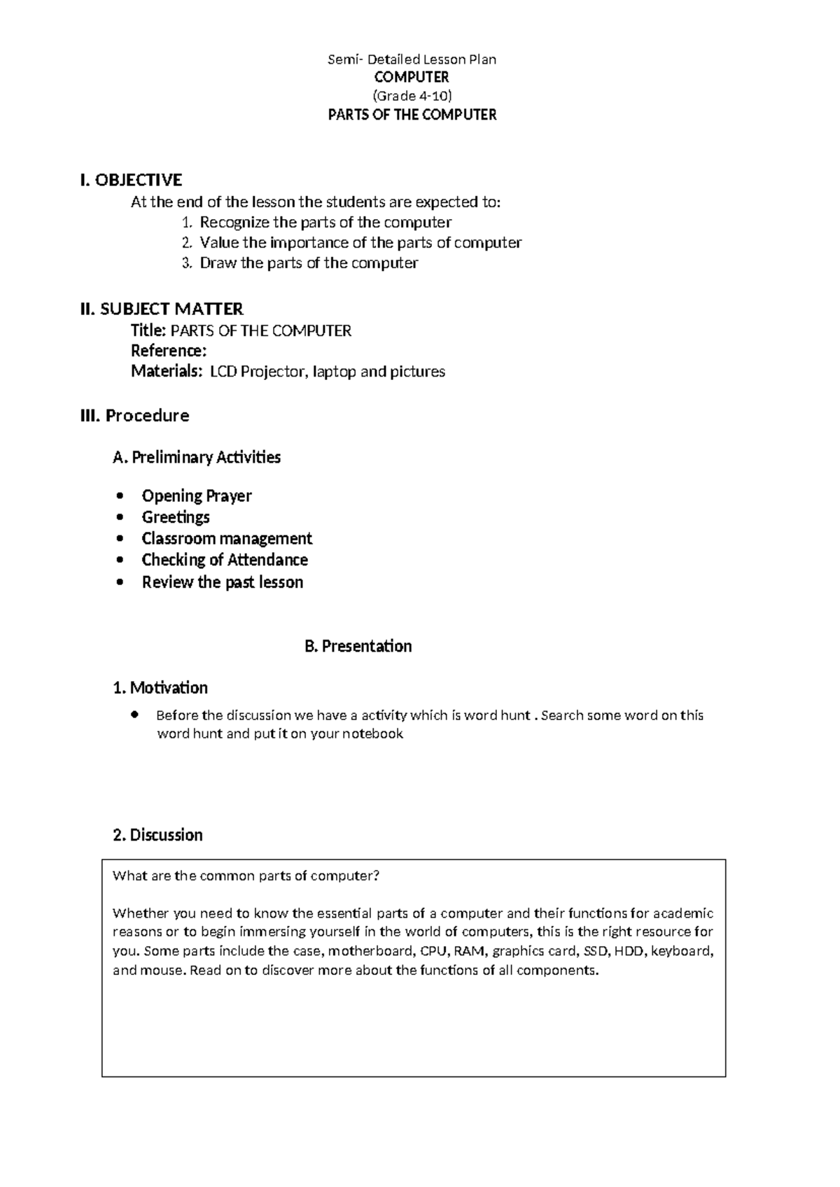 SDLP-NI- Casundin - Semi- Detailed Lesson Plan COMPUTER (Grade 4-10 ...