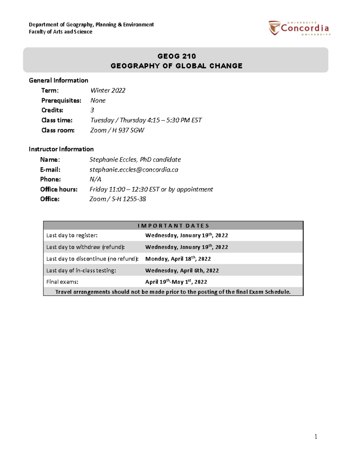 GEOG210 Winter 2022 Outline - Faculty of Arts and Science General ...