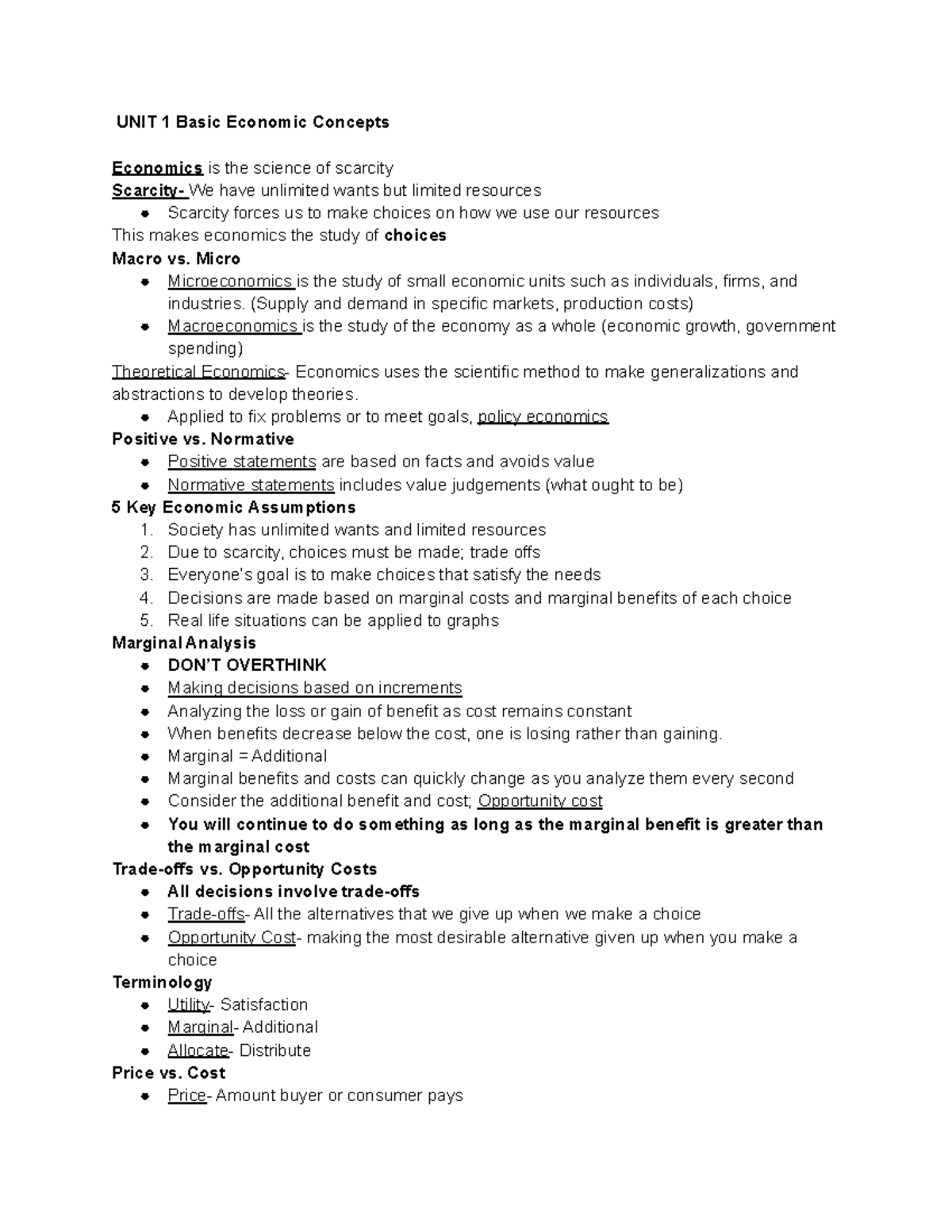 Econ Notes - UNIT 1 Basic Economic Concepts Economics is the science of ...