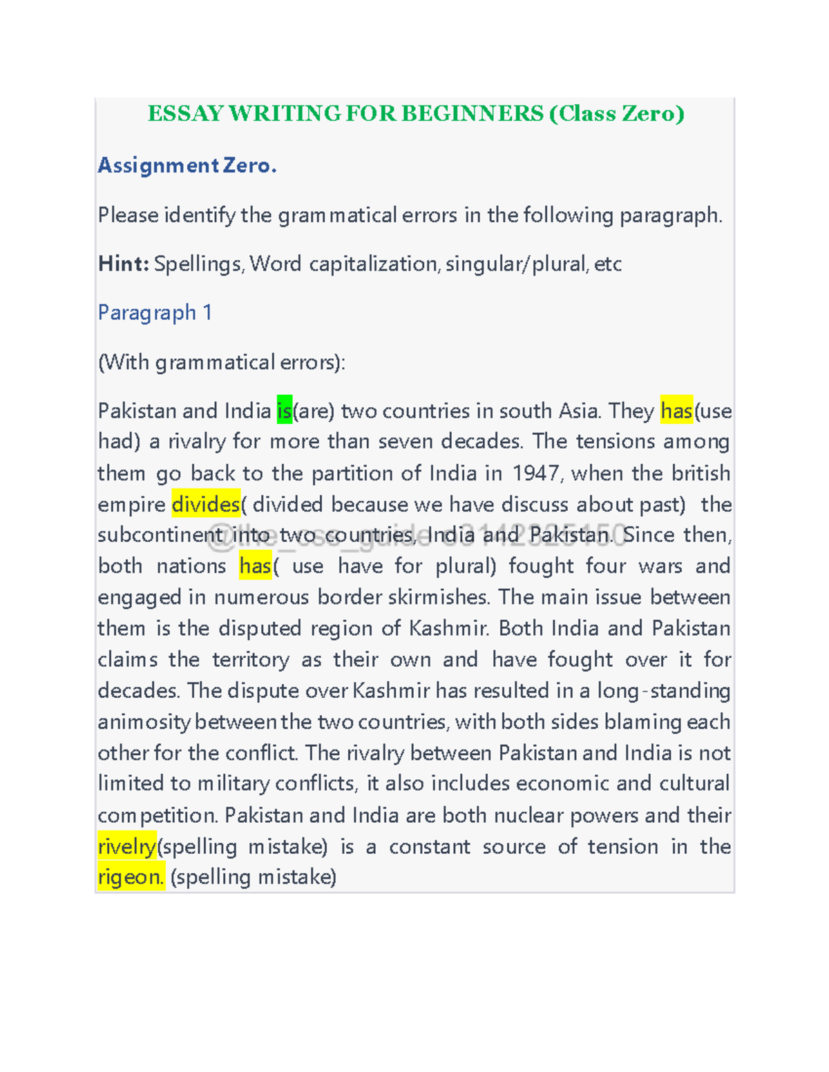 Assignment Zero (Grammatical Errors) watermark (edited) - ESSAY WRITING ...