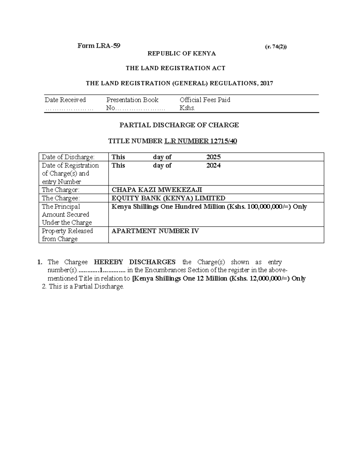 Form LRA 59 Partial Discharge OF Charge 1 - Form LRA-59 (r. 74(2 ...