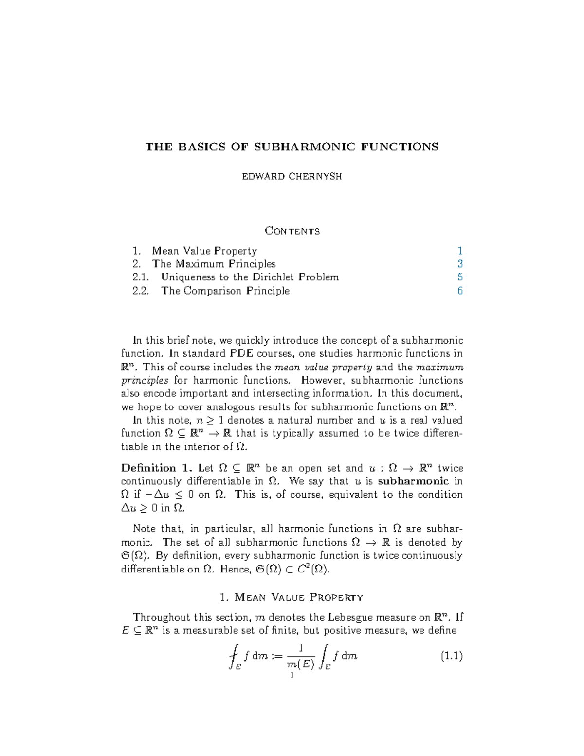 Sub Harmonic functions - THE BASICS OF SUBHARMONIC FUNCTIONS EDWARD CHERNYSH Contents Mean Value ...