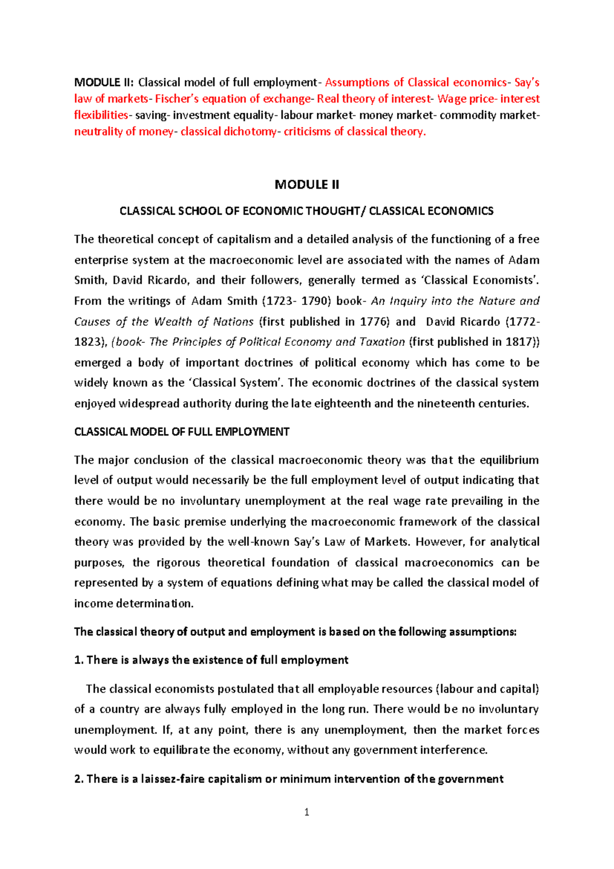 Module II Classicals - MODULE II: Classical model of full employment ...