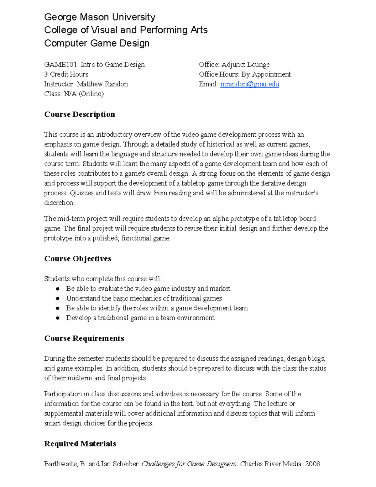 Game101 - Syllabus - DL - Desc - George Mason University College of ...