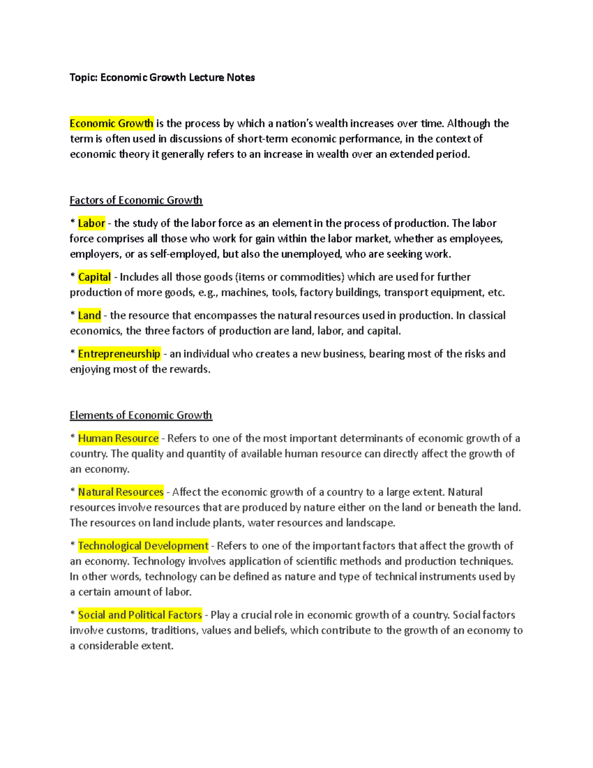Economics chapter - Topic: Economic Growth Lecture Notes Economic ...