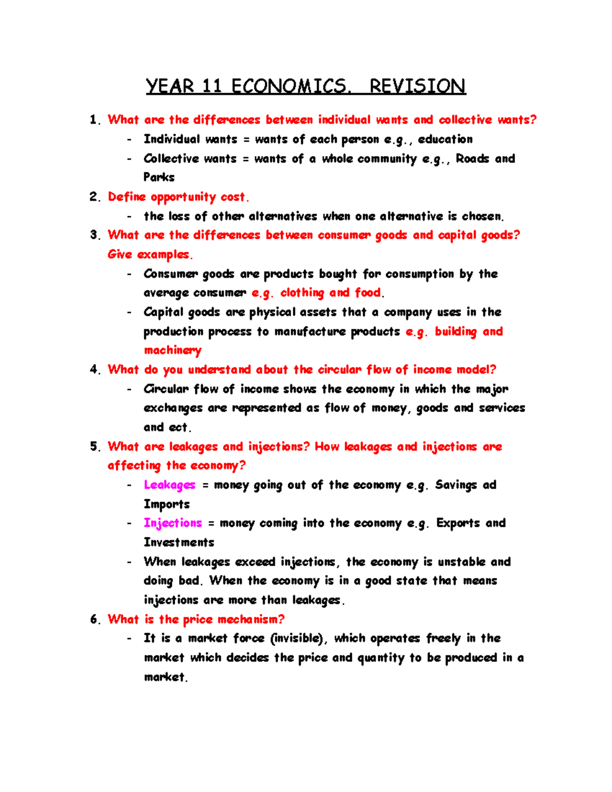 Economics prelim questions - YEAR 11 ECONOMICS. REVISION What are the ...