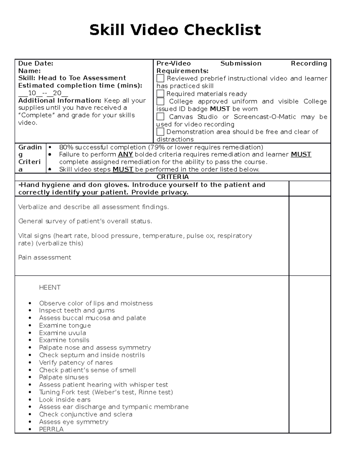 Head to Toe Assessment Checklist-1-3-1 - Skill Video Checklist Due Date ...