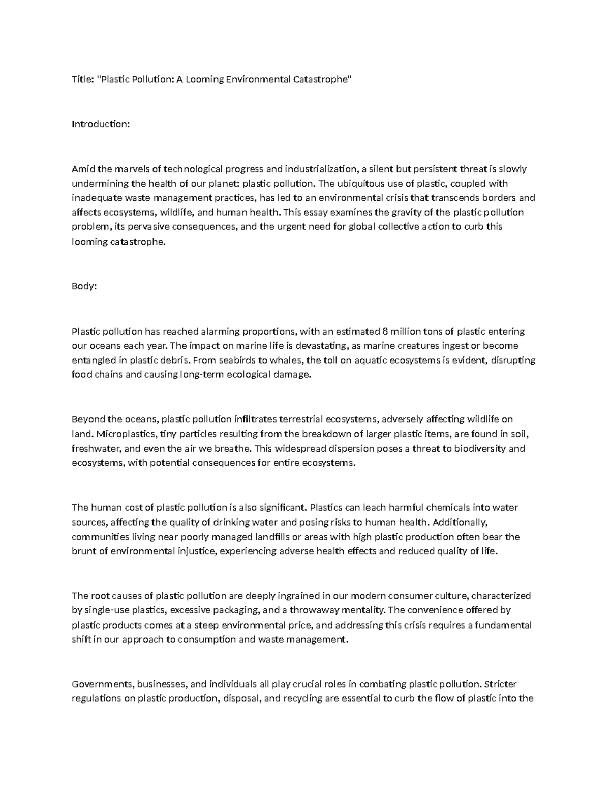 Plastic Pollution - Title: "Plastic Pollution: A Looming Environmental ...