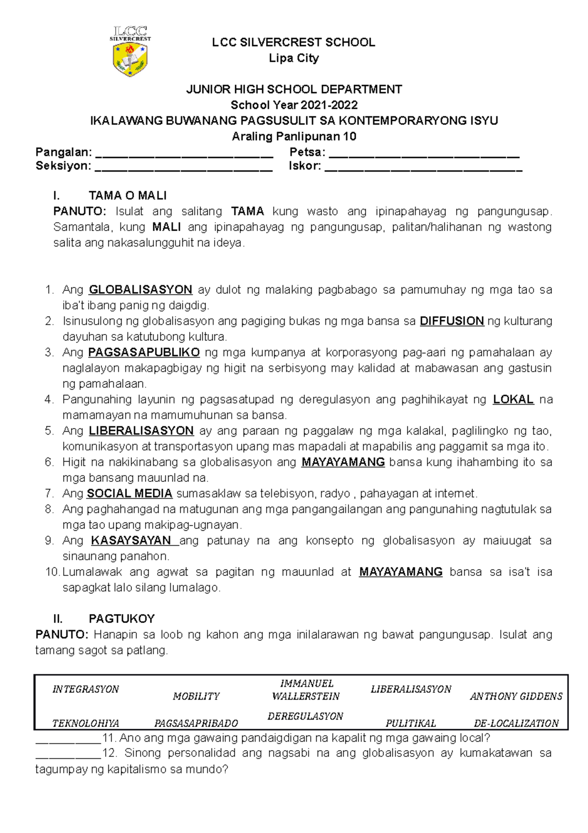 1 Ikalawang Buwanang Pagsusulit SA AP 10 2021 2022 - LCC SILVERCREST SCHOOL Lipa City JUNIOR ...