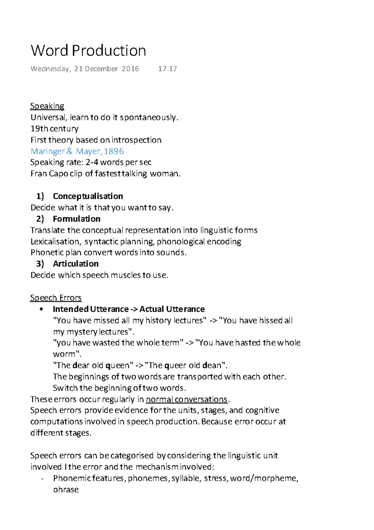 Word Production - Lecture note 1-12 - Word Production Wednesday, 21 ...
