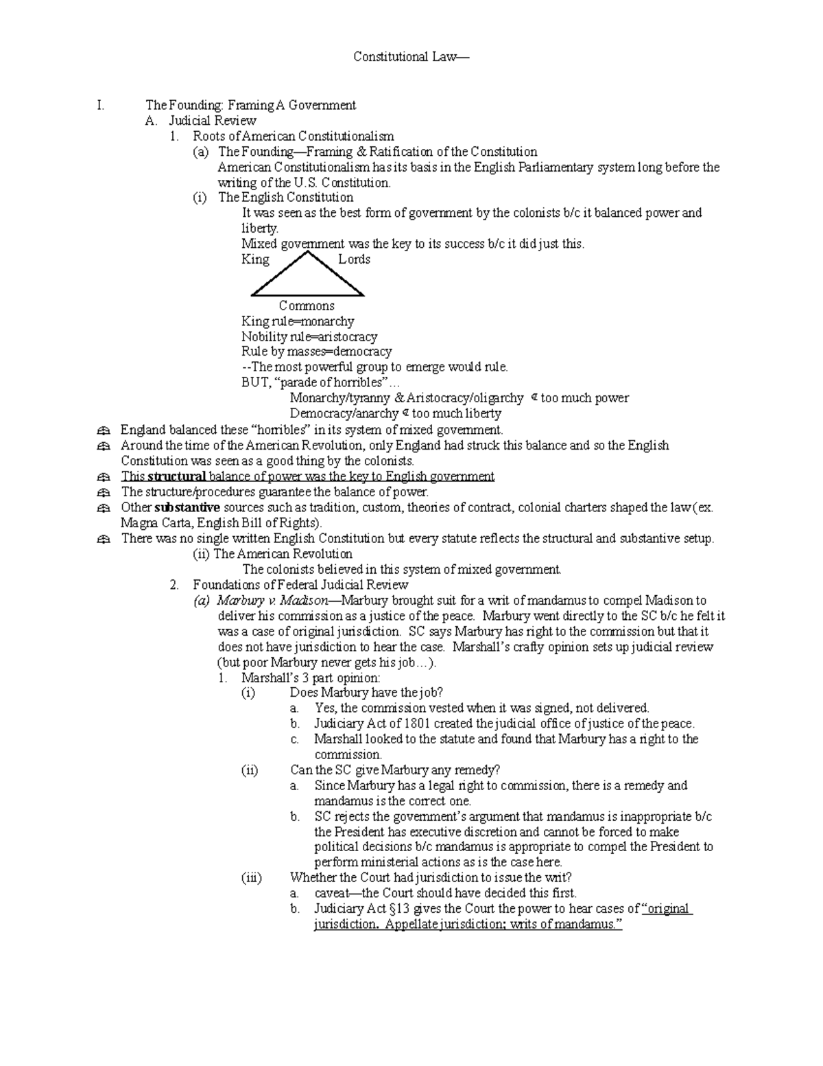 Constitutional Law Outline 1 - I. The Founding: Framing A Government A ...