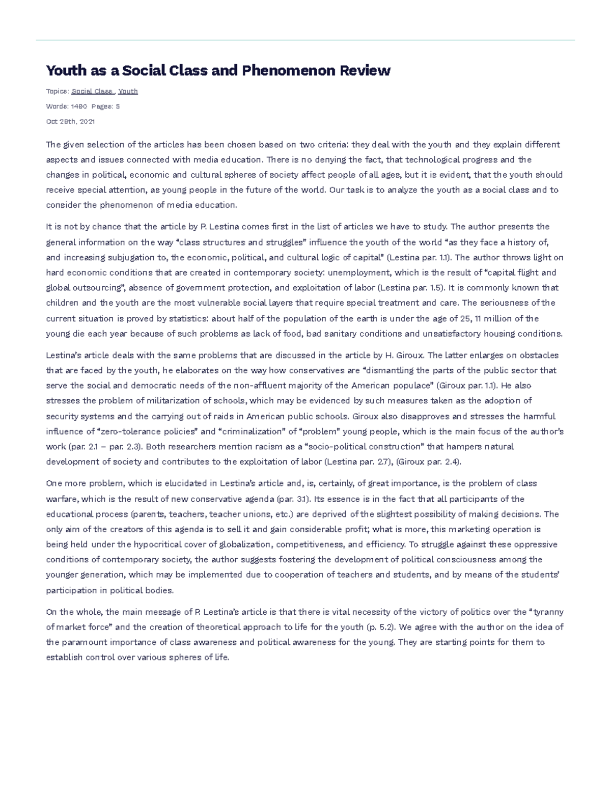 Youth as a Social Class and Phenomenon Review Free Essay Example ...