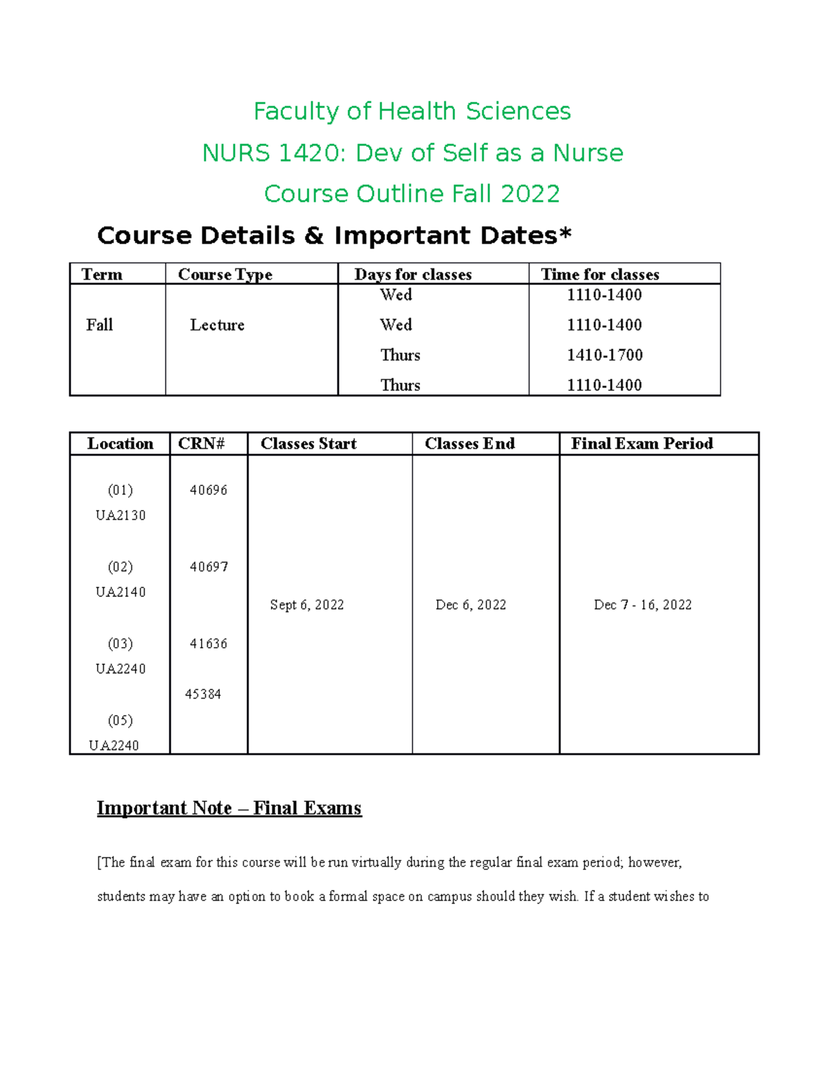 Dev of Self as a Nurse - Course Outline Fall 2022 - Faculty of Health ...