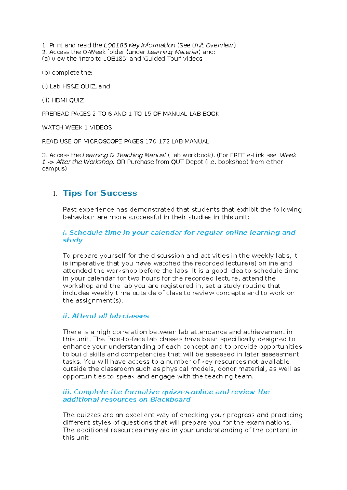 LQB185 KEY INFO - the lecture material - 1. Print and read the LQB185 Key Information (See Unit ...