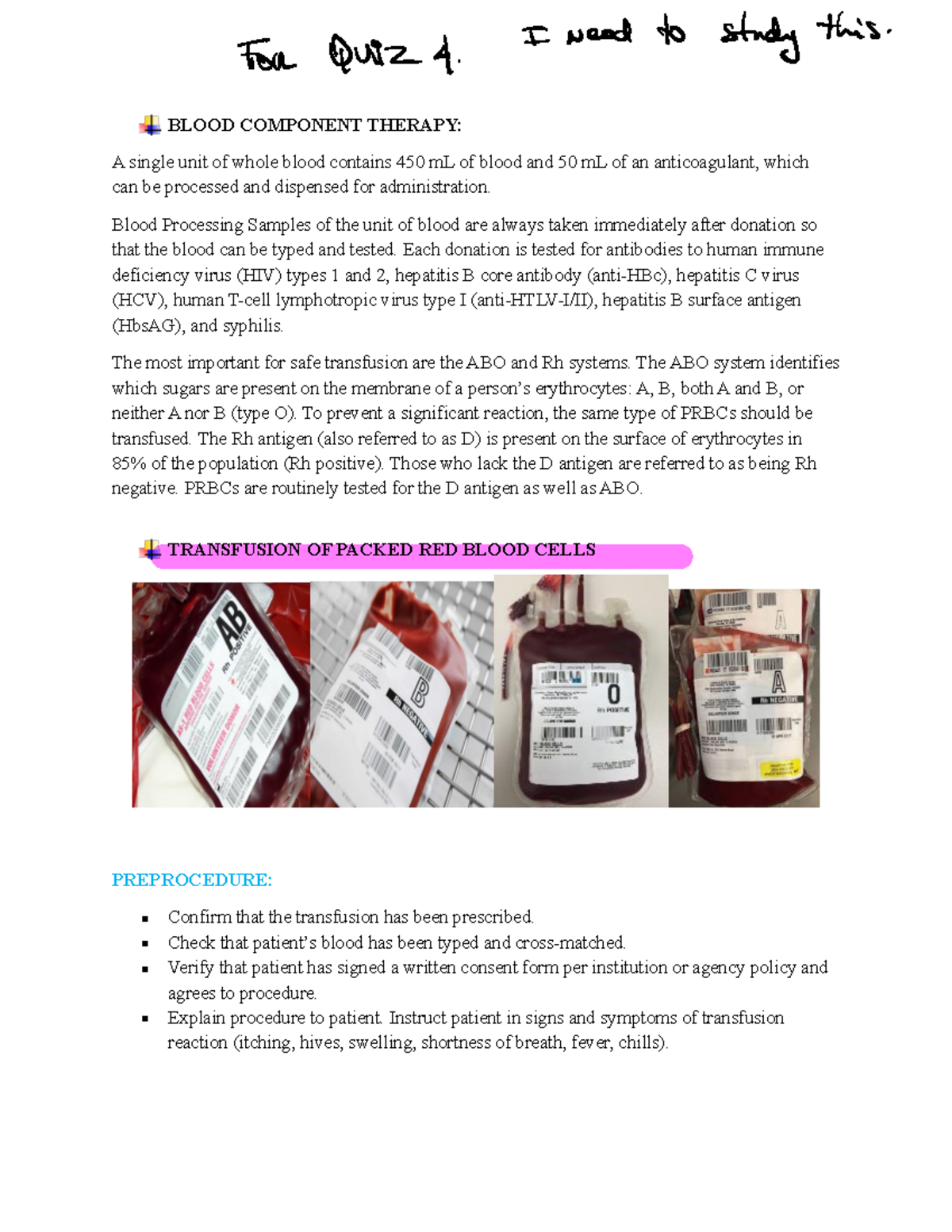 Blood Transfusion Document - BLOOD COMPONENT THERAPY: A single unit of ...