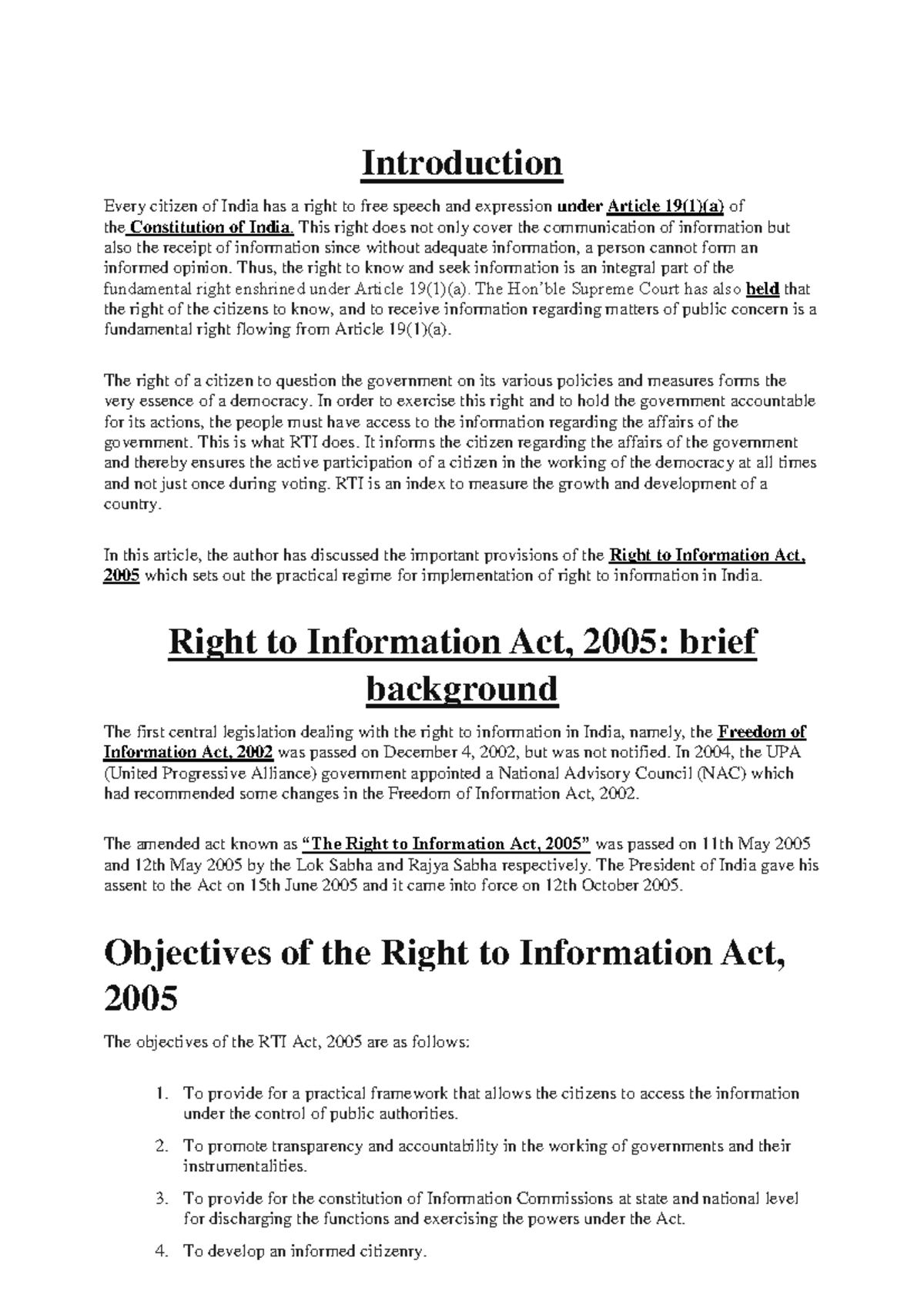 Right to information act - Introduction Every citizen of India has a ...