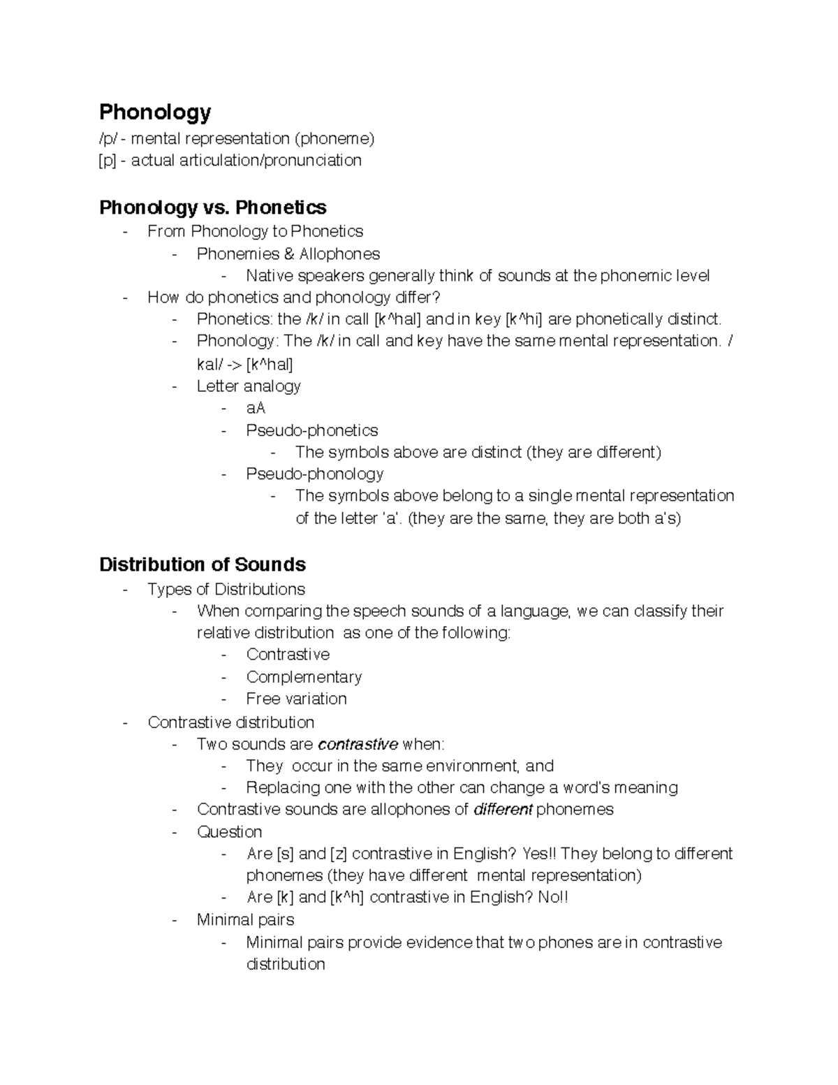 Ling 101 lecture 3 - phonology notes - Phonology /p/ - mental ...