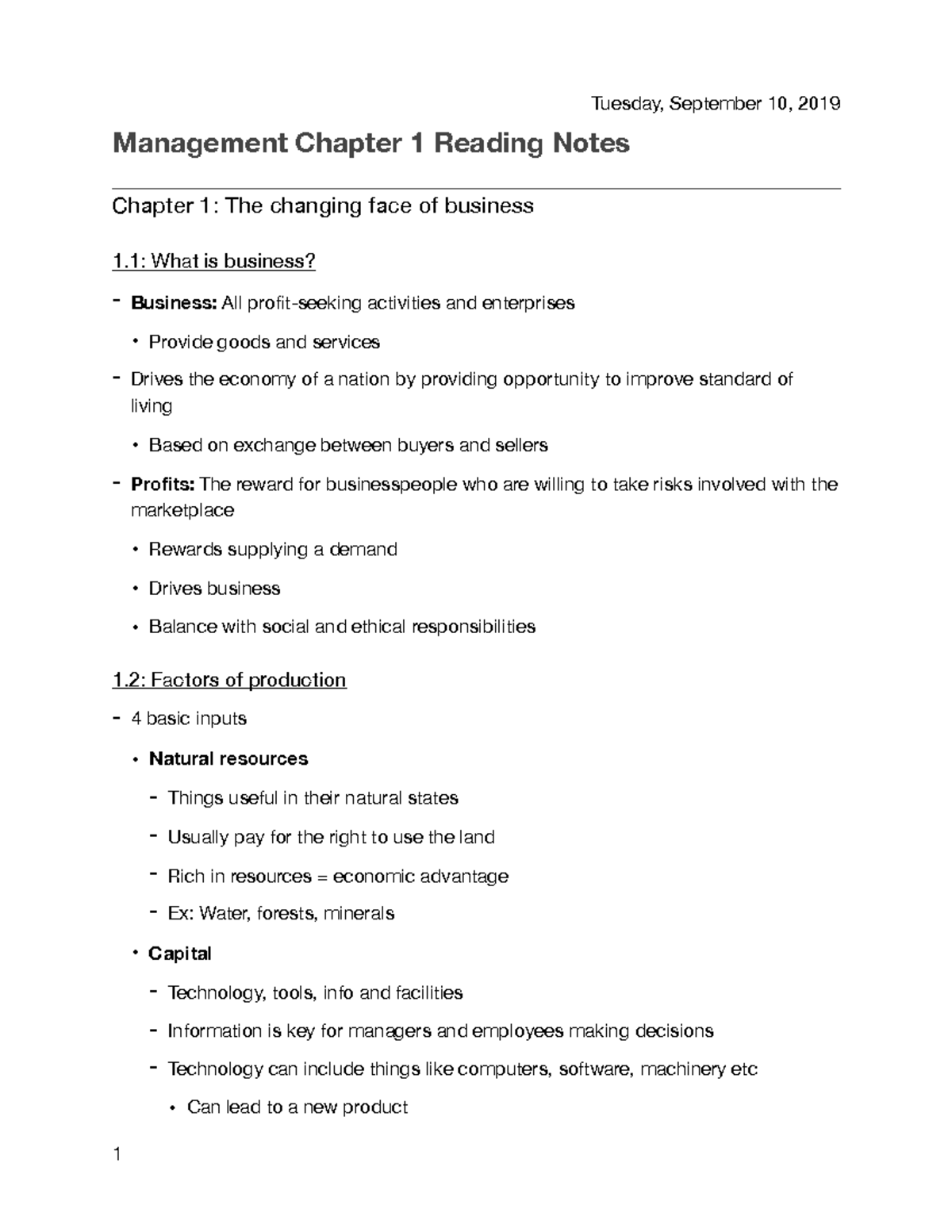 Management Chapter 1 Reading Notes - Sept 10th, 2019 - Management ...