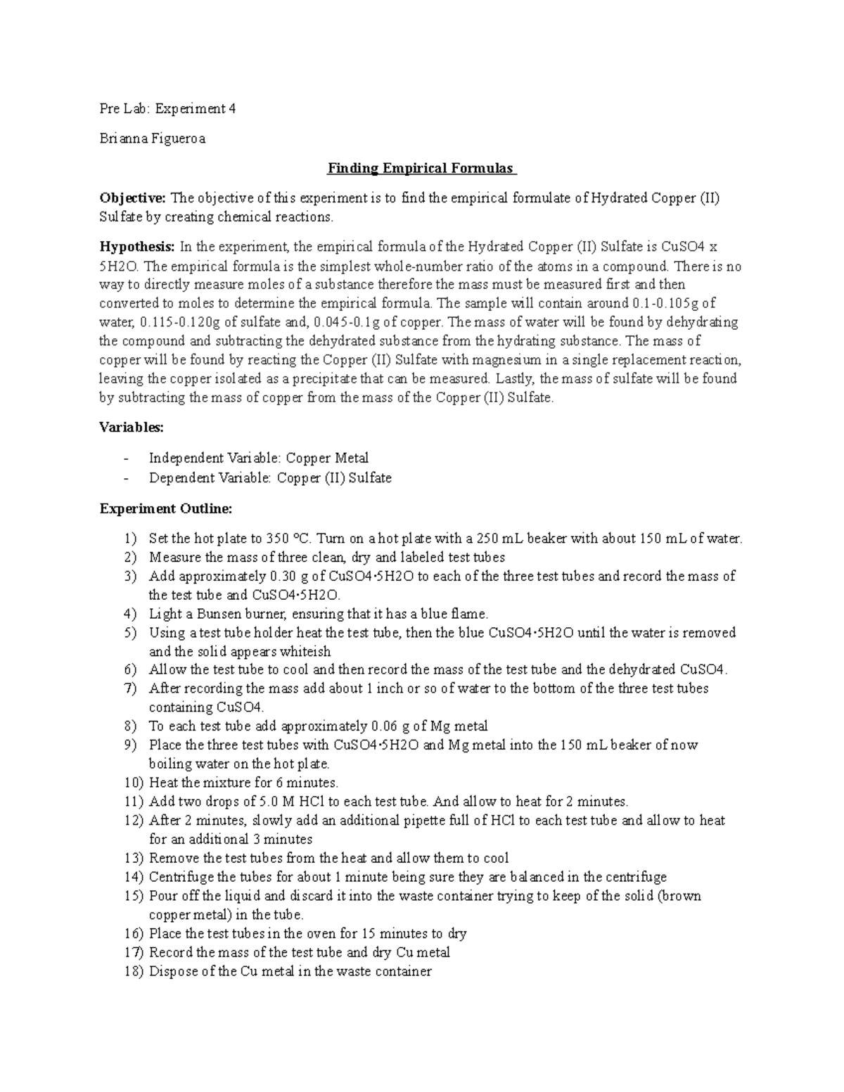 Pre Lab 4 - Full Pre-Lab - Pre Lab: Experiment 4 Brianna Figueroa ...