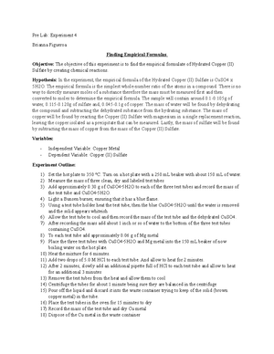 Lab report: Empirical Formula of Hydrated Copper (II) Sulfate- The ...