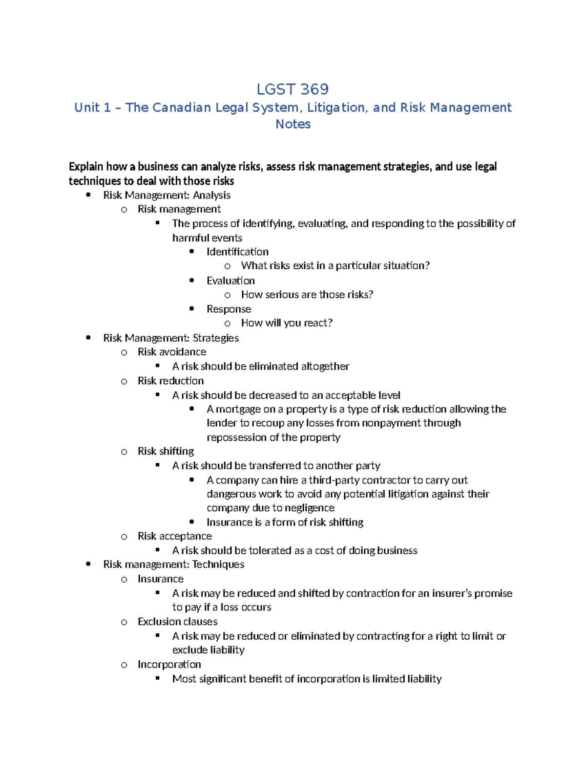 Unit 1 – The Canadian Legal System, Litigation, and Risk Management ...