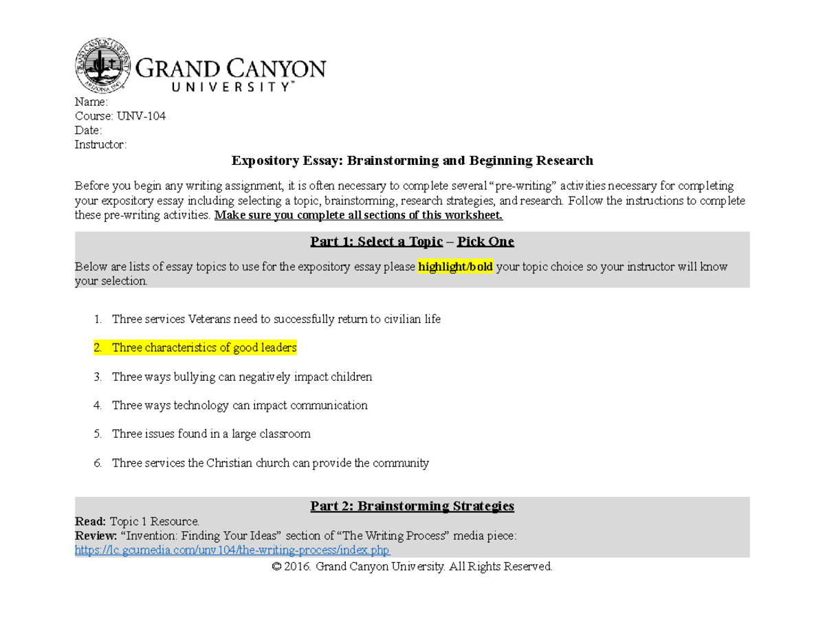 UNV-104 Topic 1 Brainstorming and Beginning Research Worksheet - Name ...