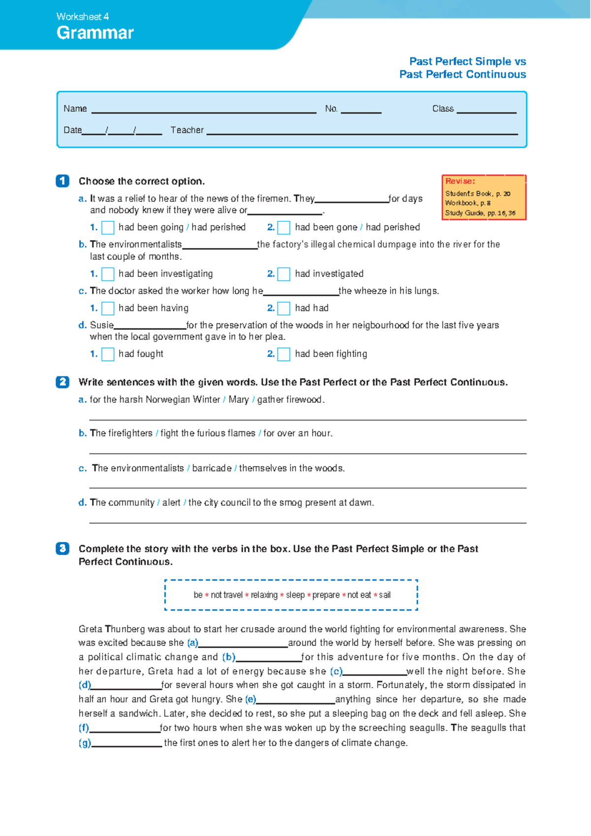 Enga11 grammar worksheet 4 - Worksheet 4 Grammar Past Perfect Simple vs ...