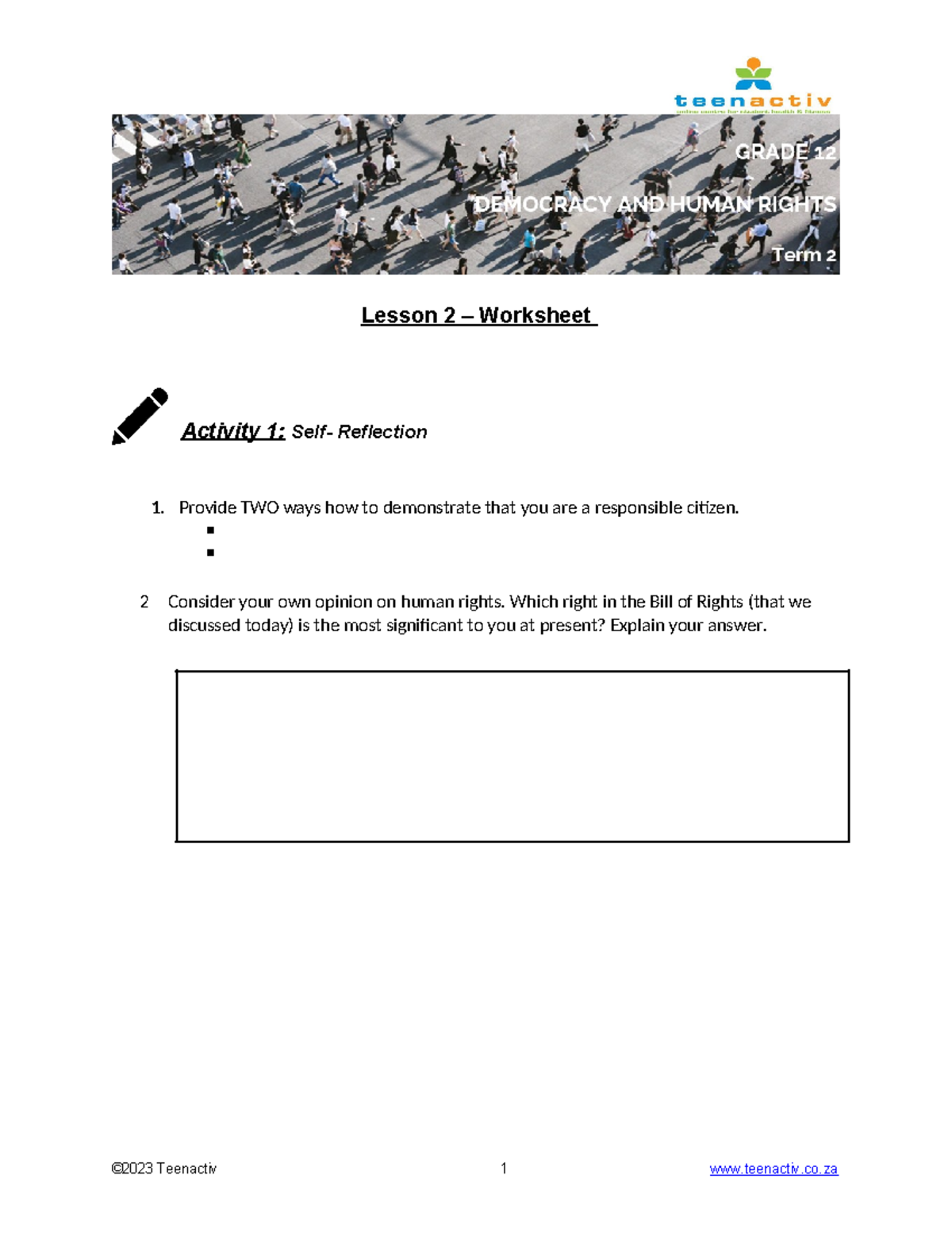 Term 1 Lesson 2 - Worksheet - Lesson 2 – Worksheet Activity 1: Self ...