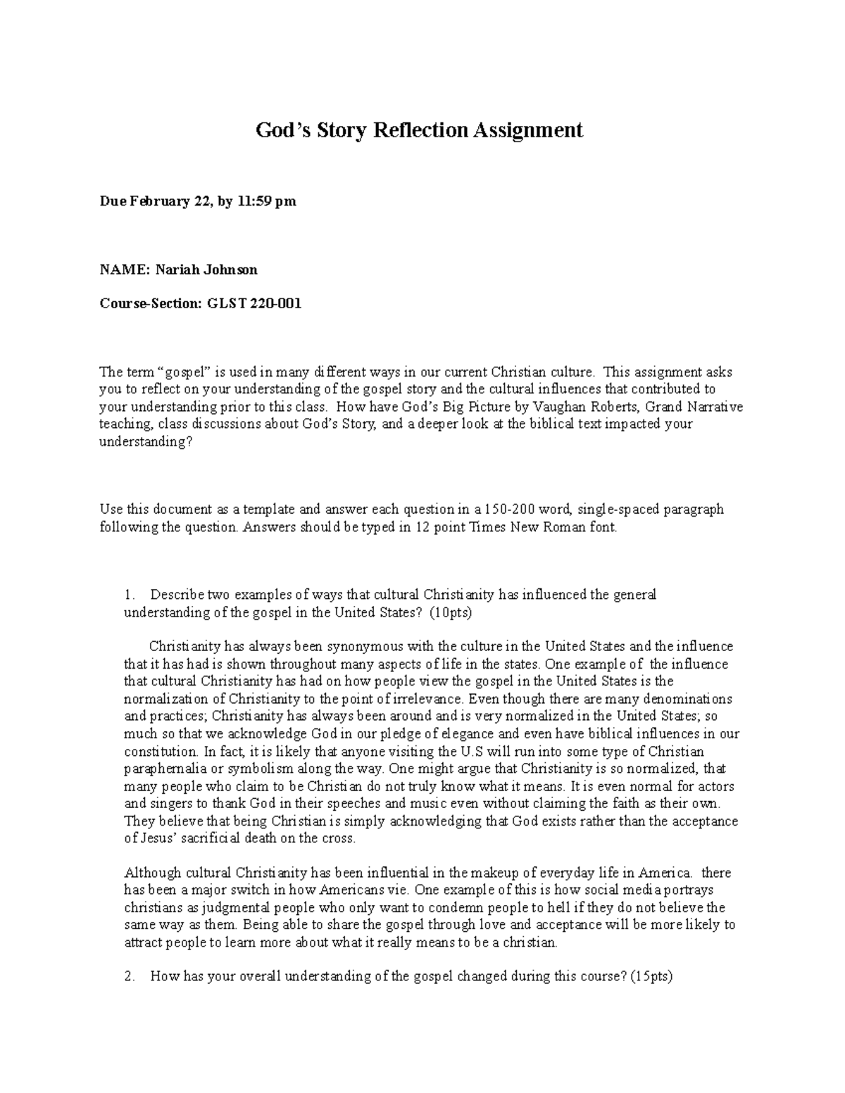 God’s Story Reflection Assignment - God’s Story Reflection Assignment ...